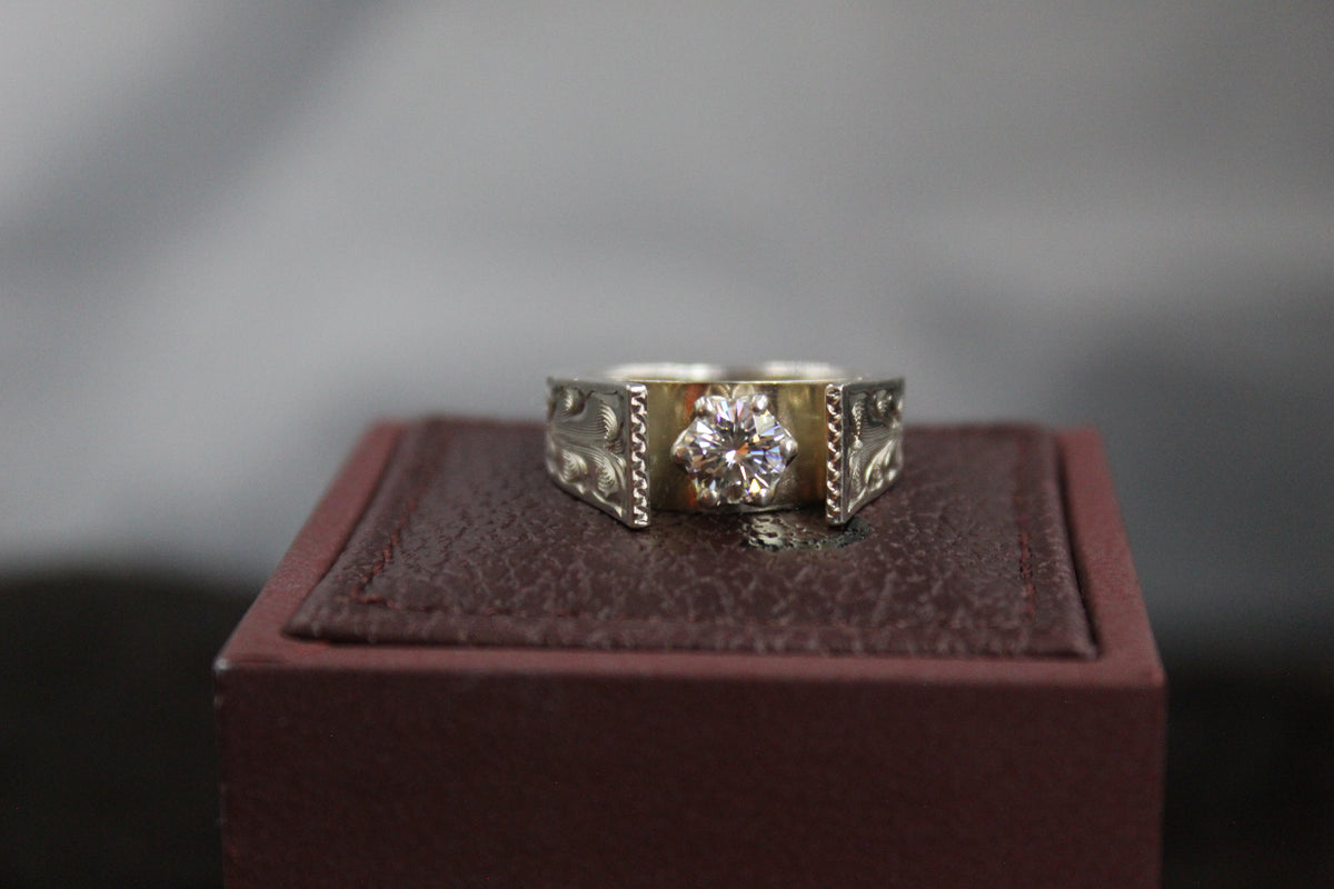 Solid sterling silver hand engraved cathedral ring with a 3/4 carat ro ...