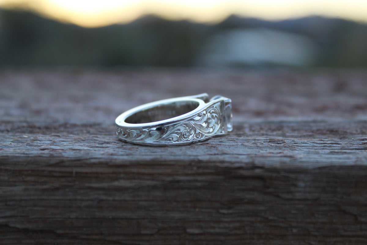 Solid sterling silver hand engraved cathedral ring with a 1 1/2 carat ...