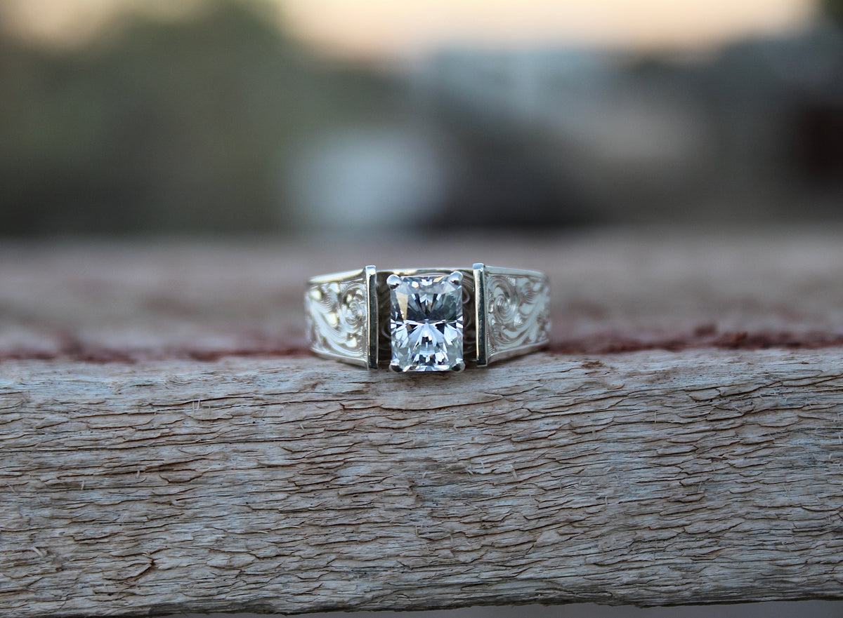 Solid sterling silver hand engraved cathedral ring with a 1 1/2 carat ...